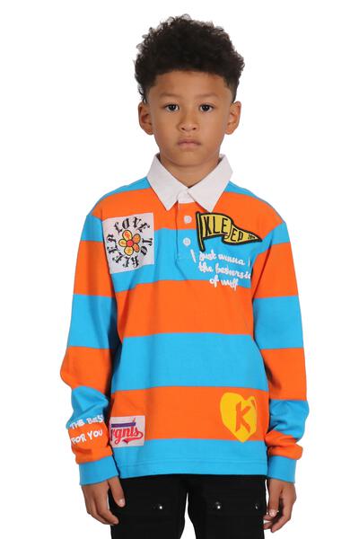ZORA Kid's Long Sleeve Polo Shirt With Heavy Print Effects & Patch Wor ...