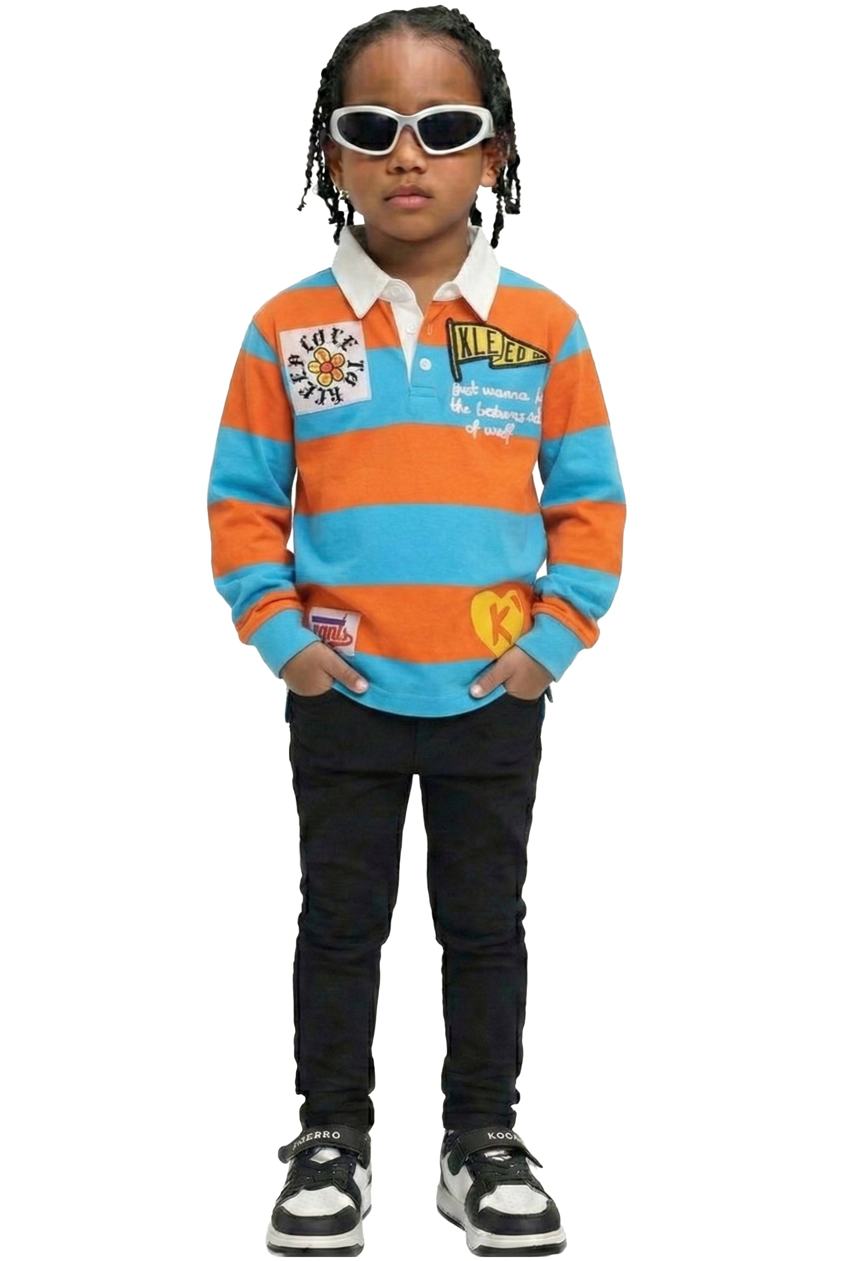 ZORA Kid's Long Sleeve Polo Shirt With Heavy Print Effects & Patch Wor ...