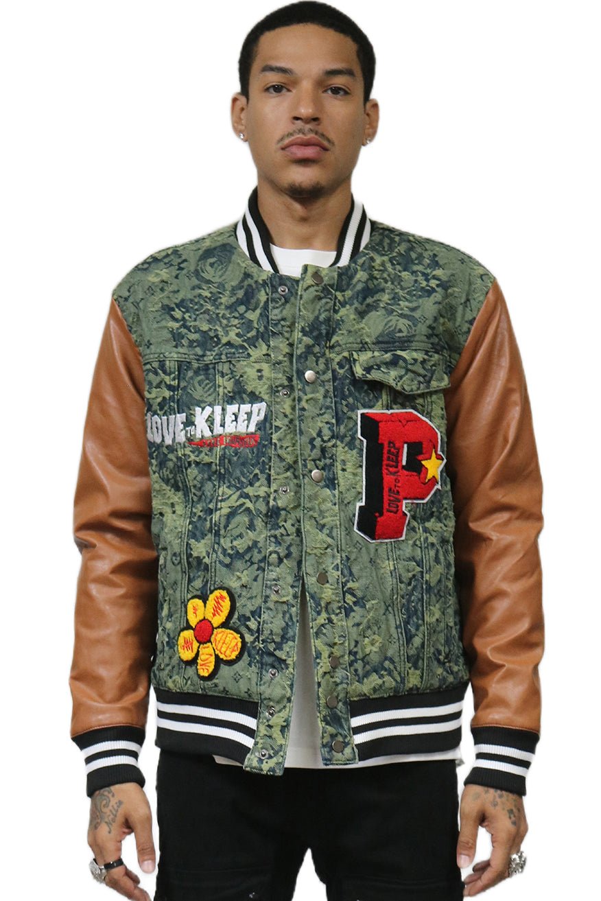 ROBIN Men's Jacquard Body with faux Leather Sleeve Varsity Jacket ...